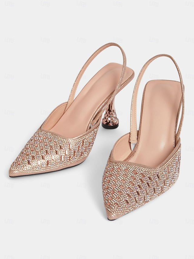 Women's Rose Gold Rhinestone Slingback Heels with Geometric – Lily Causal
